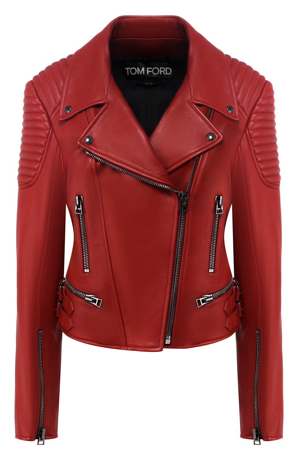 Женская красная приталенная кожаная куртка с косой молнией TOM FORD ...